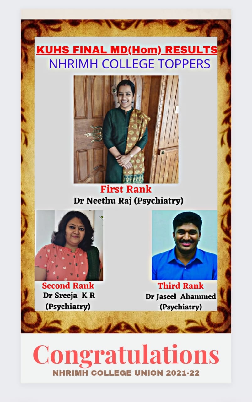 KUHS FINAL MD (HOM) 2018-21 RESULTS, NHRIMH TOPPERS - NHRIMH